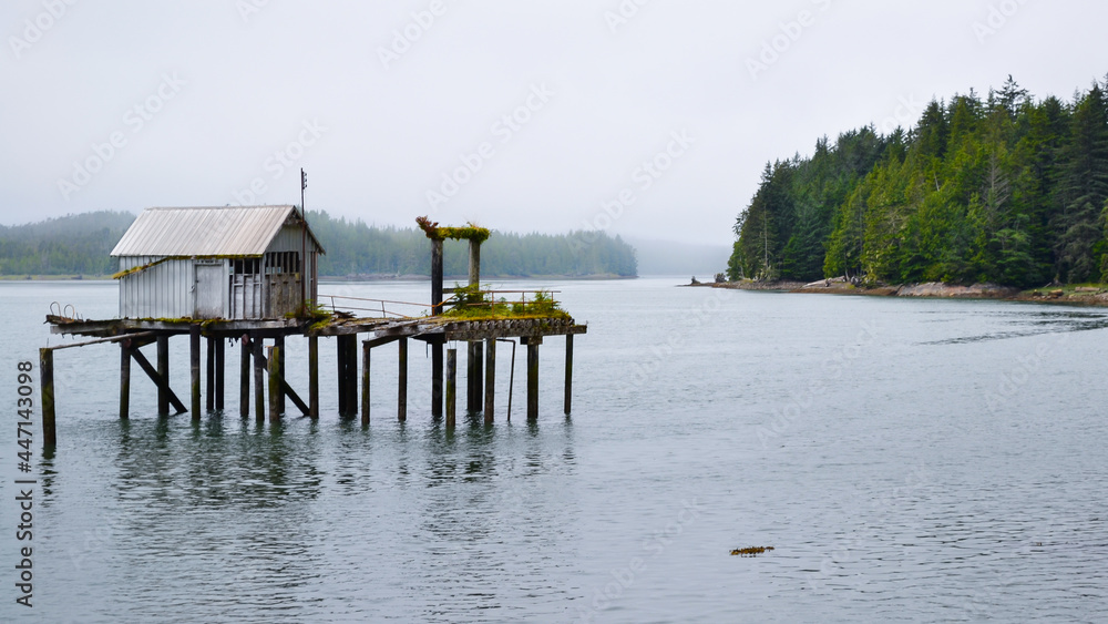 Canadian landscapes foggy water front and abandoned creepy shack ...