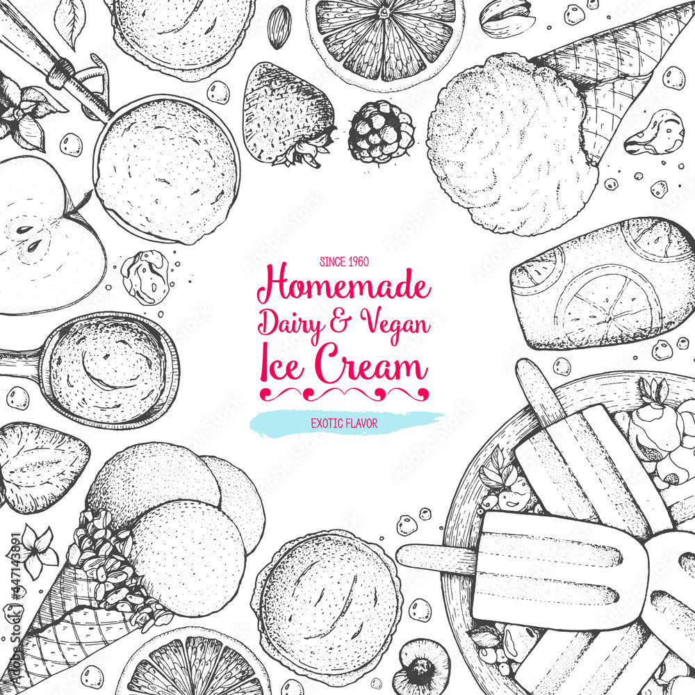 Ice cream top view frame. Vector sketch for vintage menu design. Hand ...