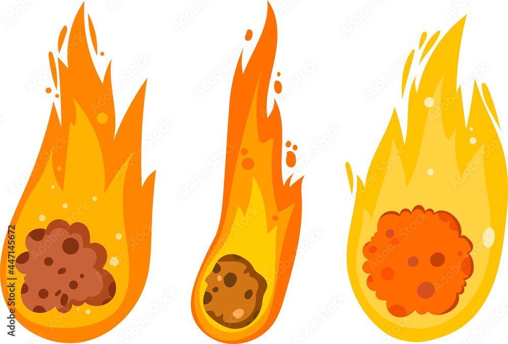Cartoon falling meteorites with fire trace. Set of astroid comet trace ...