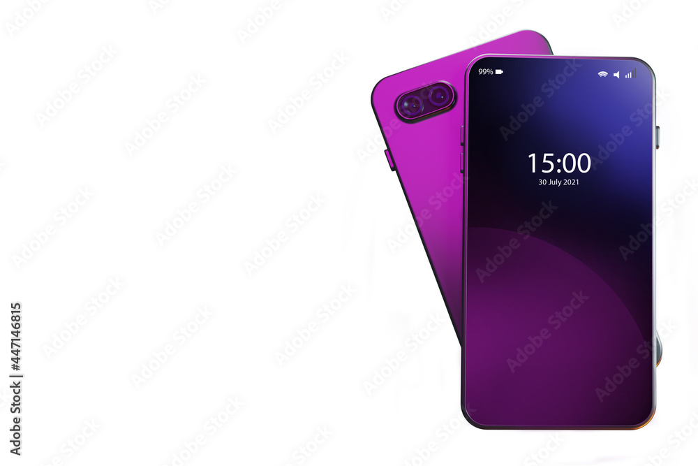 Purple smartphone. Lock screen with interface elements. Cellphone with ...