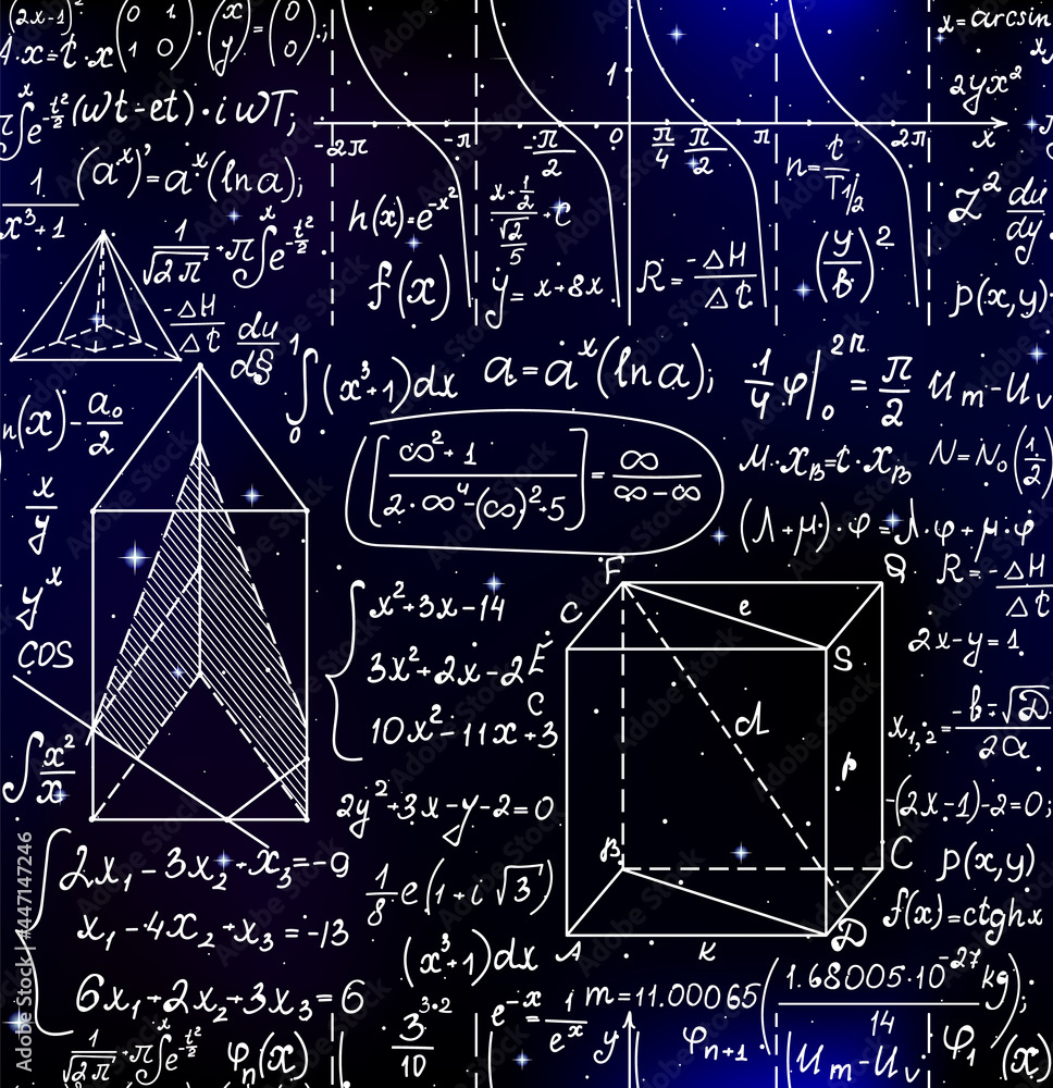 Math Vector Seamless Pattern With Formulas Figures And Calculations Handwritten On Starry Space