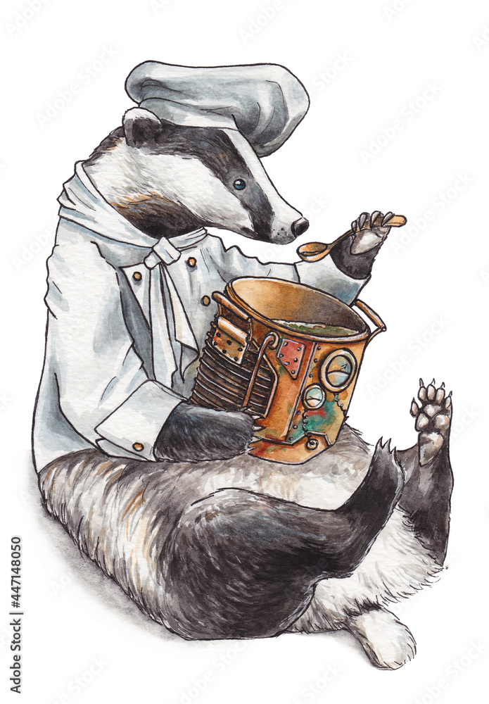Watercolor illustration of a badger chef. Steampunk chef. Badger in ...