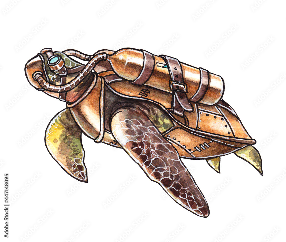 Watercolor illustration of a steampunk turtle. Sea turtle illustration ...