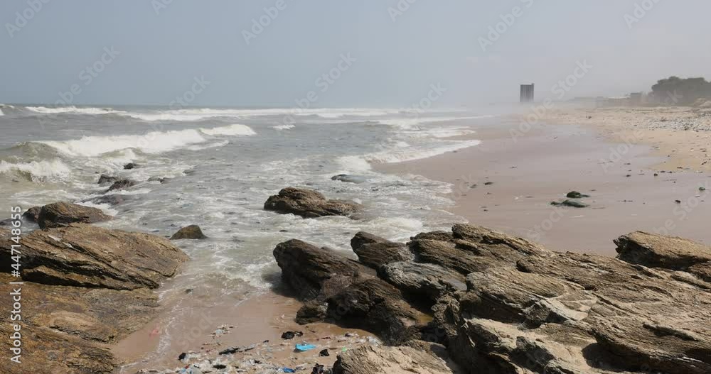 Environmental Pollution trash rocky beach Accra Ghana Africa. West ...