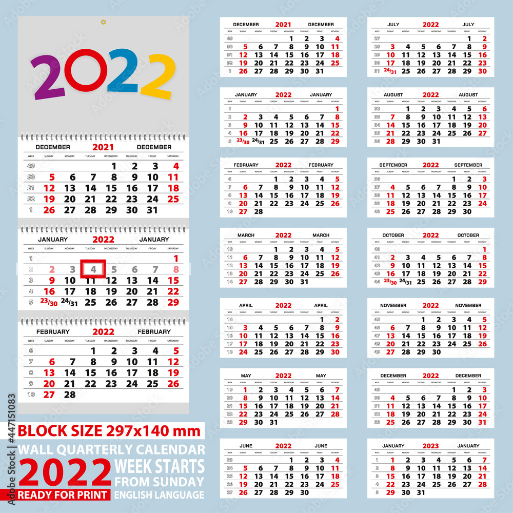Wall calendar 2022, week start from Sunday. For A4 size. Stock Vector ...
