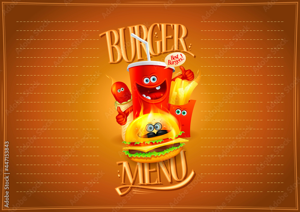 Burger menu list design with hot dog, burger, french fries and soda ...
