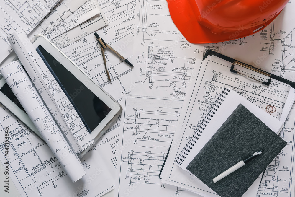 Architect works remotely from home in quarantine, lockdown covid 19 coronavirus. Remote work ...