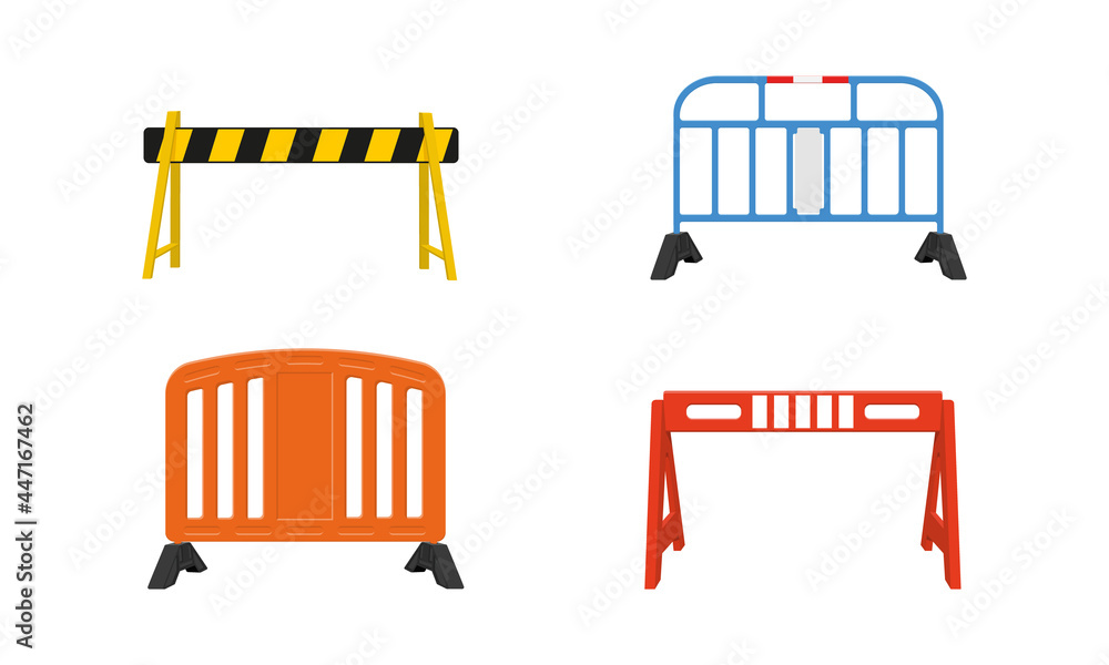 Set of metal and plastic road barriers. Different traffic obstacles ...