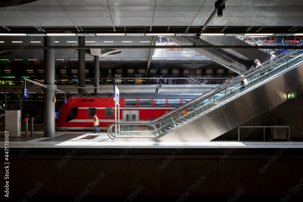 BERLIN, GERMANY - JULY 2021: Interior view of platform railway station ...