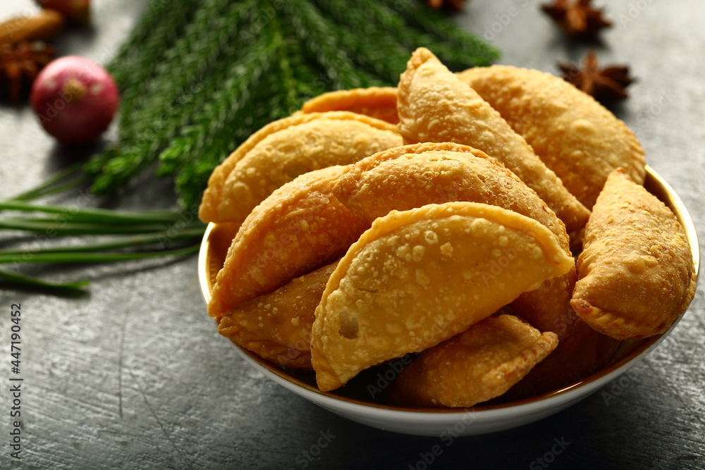 Homemade spicy curry puffs, Arabian, Arabic food backgrounds. Stock ...