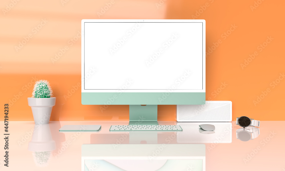 interior indoor studio house orange wall room green computer notebook ...