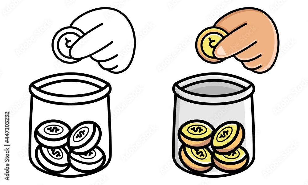 Hands depositing coin in a jar coloring page for kids Stock Vector ...