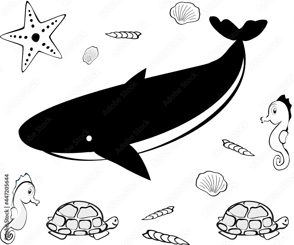 set of fish, whale seahorse turtle scallop underwater sea creature ...