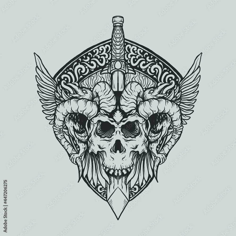 tattoo and t shirt design black and white hand drawn devil skull with ...