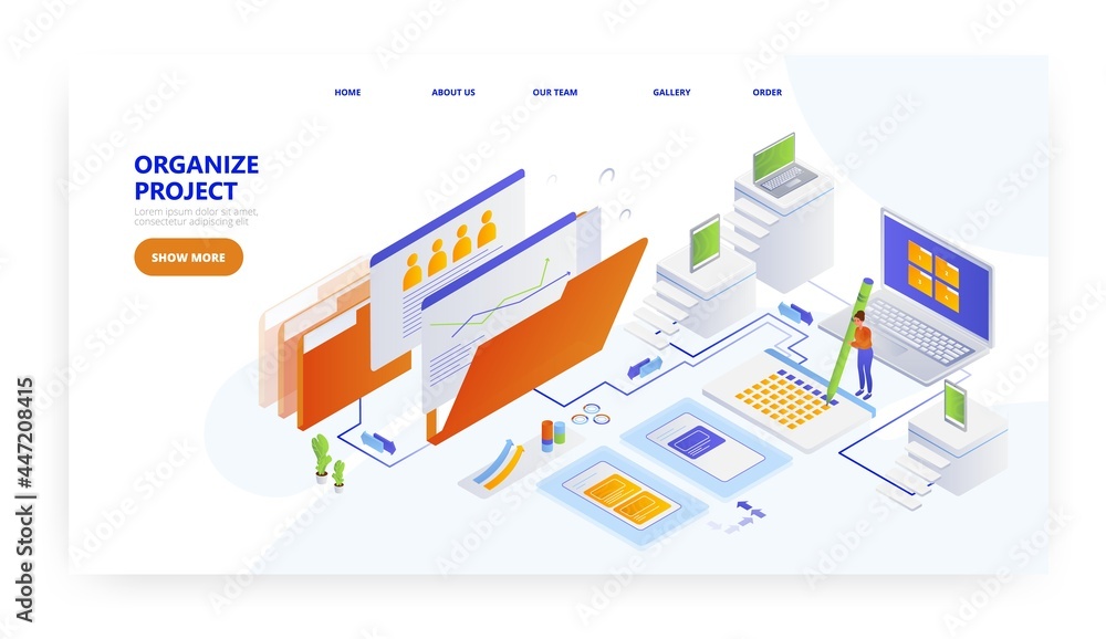 Organize project, landing page design, website banner vector template ...