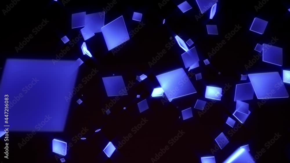 Abstract 3D visualization of many geometric glowing blue boxes moving ...