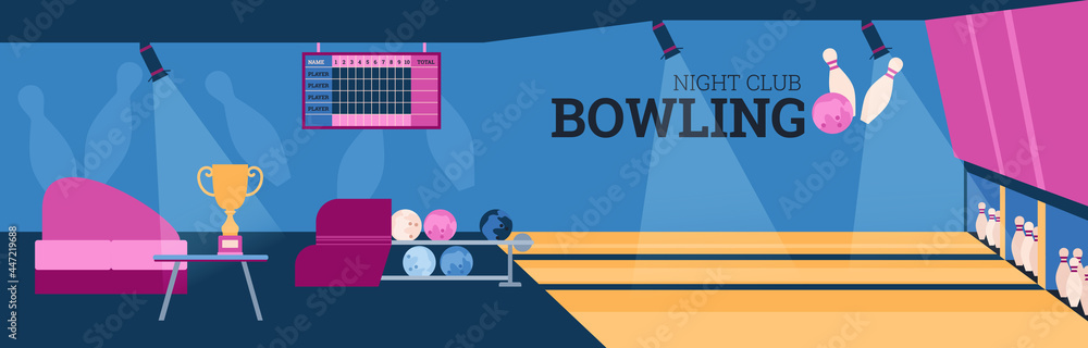Illustration of design interior of bowling club. Vector flat cartoon ...