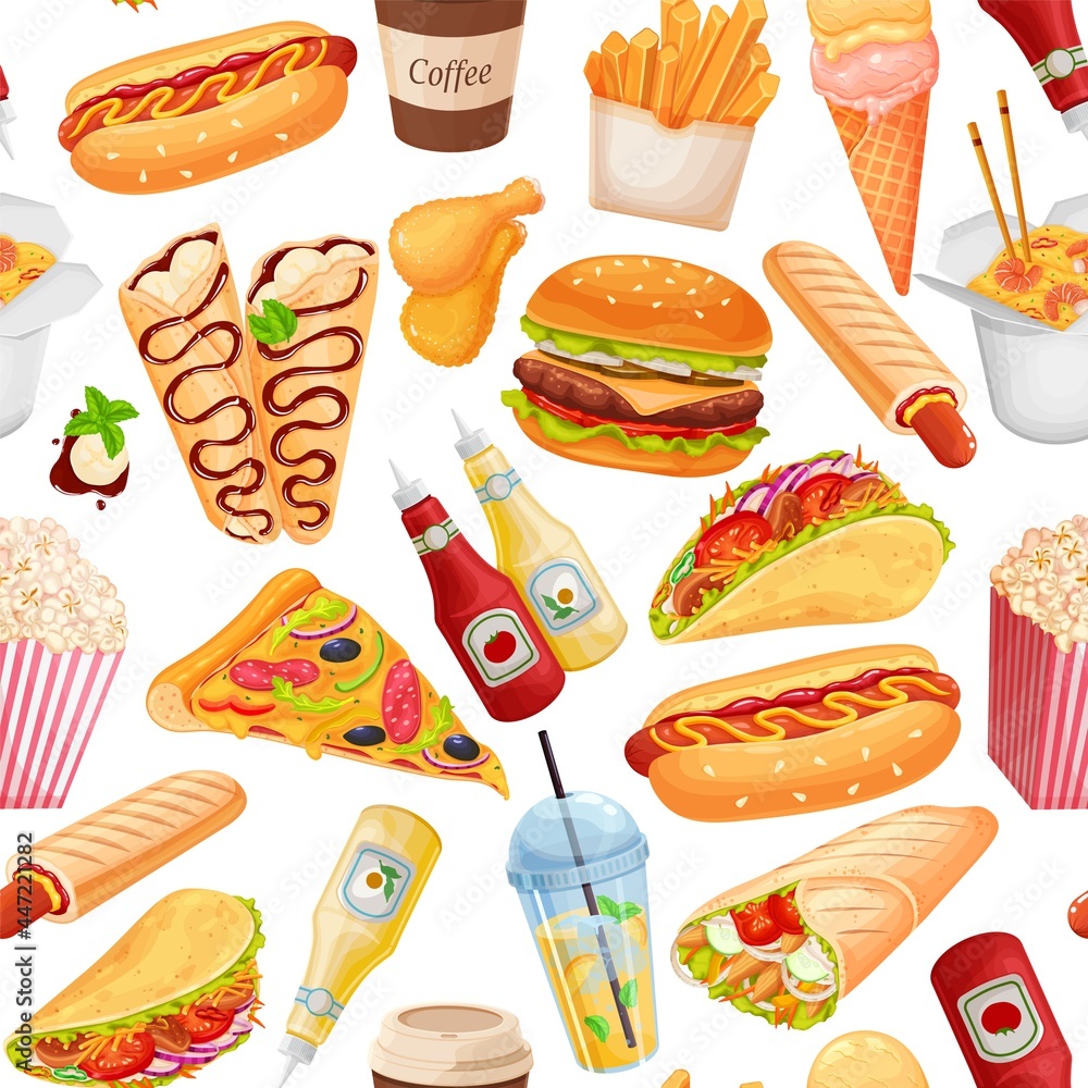 Fast food seamless pattern, vector illustration. Background with crepes ...