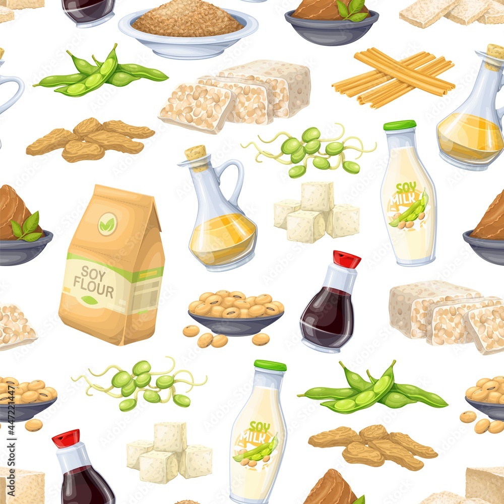 Soy product seamless pattern, vector illustration. Background with soy ...