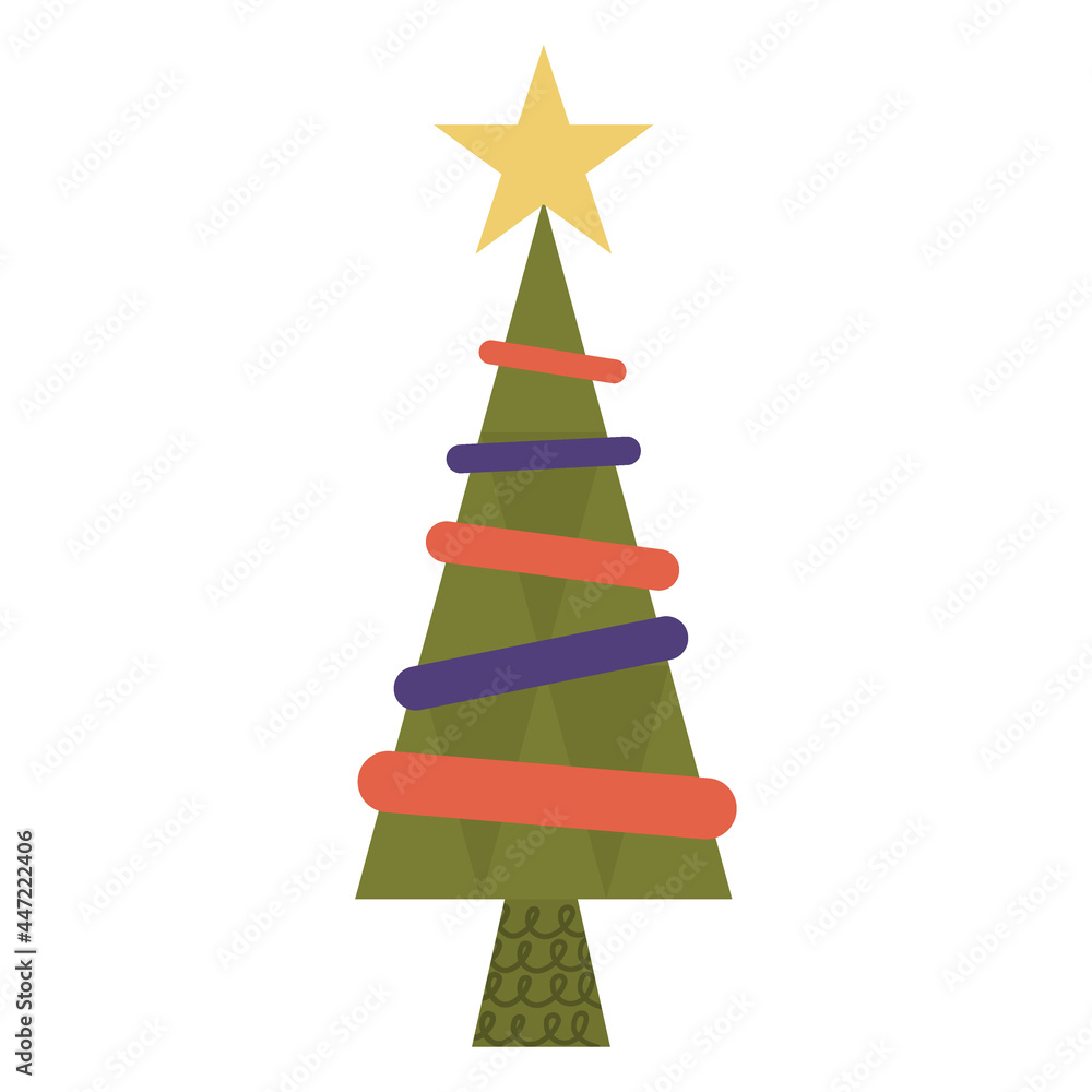 Christmas tree with star and ribbons retro style is isolated on white ...