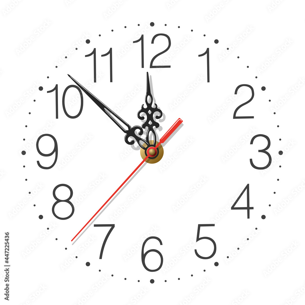 Elegant clock face with figured hands and red second hand isolated on ...