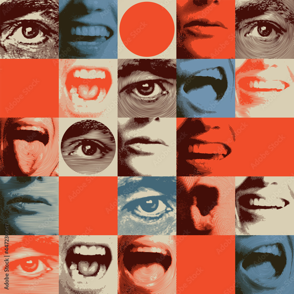 Seamless pattern with human eyes and mouths expressing various emotions ...