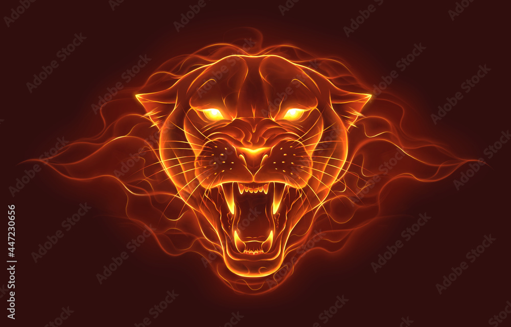 Panther head made of fire with flame background. Digital painting ...