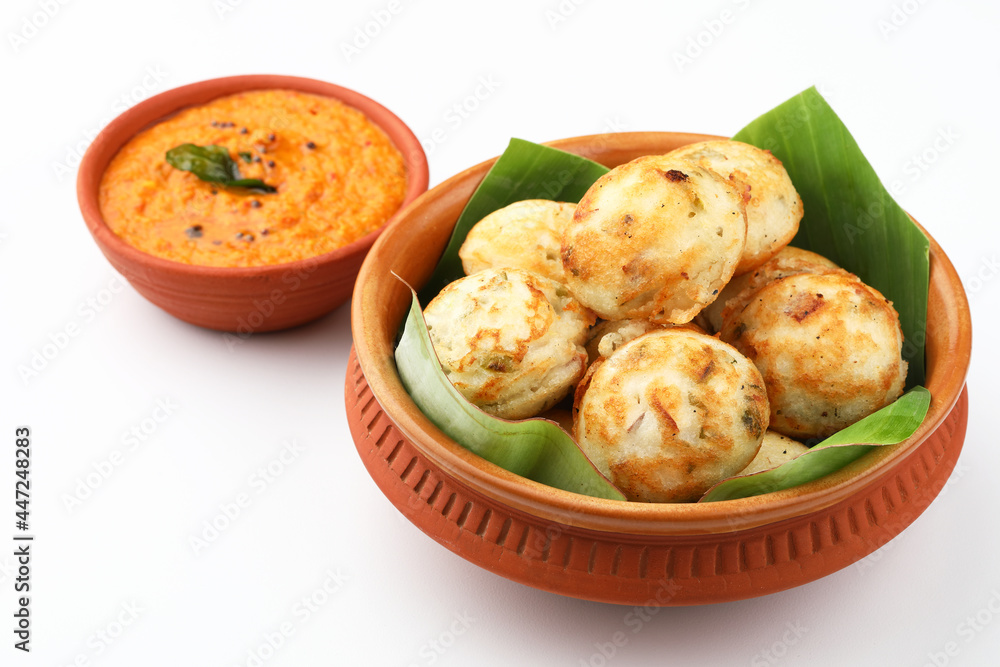 Kuzhi Paniyaram served with tomato chutney - South Indian breakfast ...