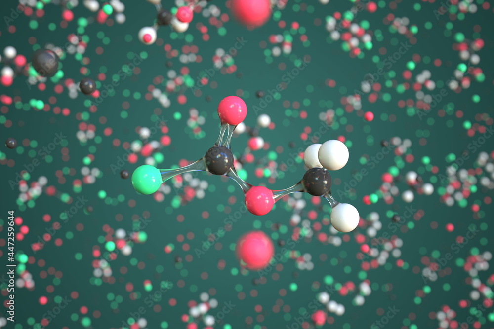 Methyl chloroformate molecule, scientific molecular model, 3d rendering ...