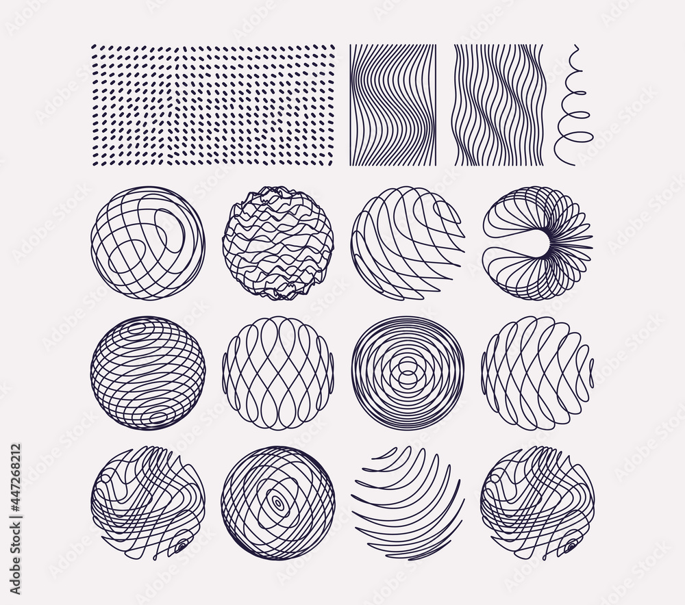 Spheres with twist lines. Abstract background with wavy lines. Dynamic ...