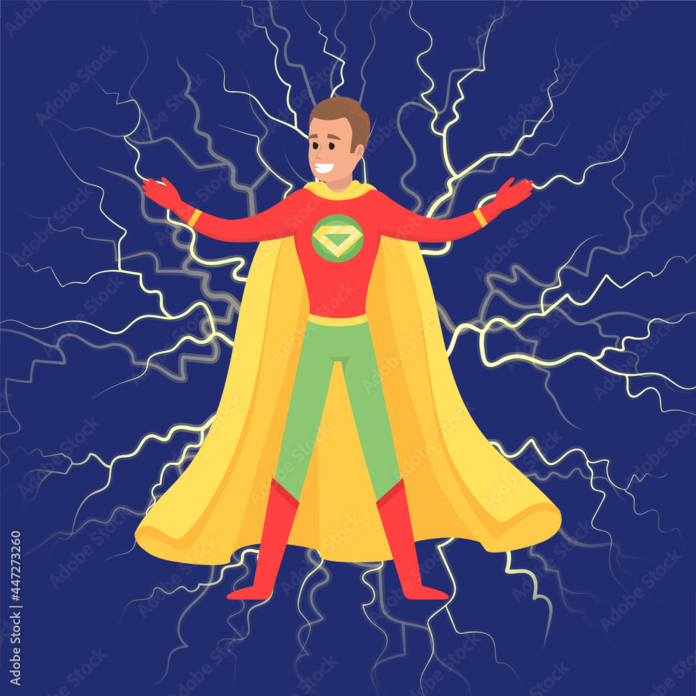 Brave superhero smiles, has superpowers and stands against dark ...