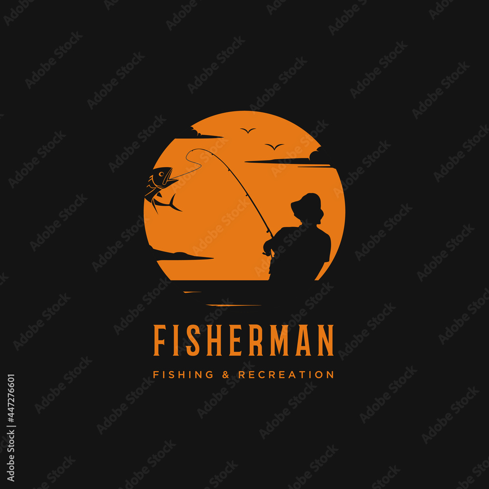 fishing logo silhouette illustration at sunset design. Angler fisherman ...