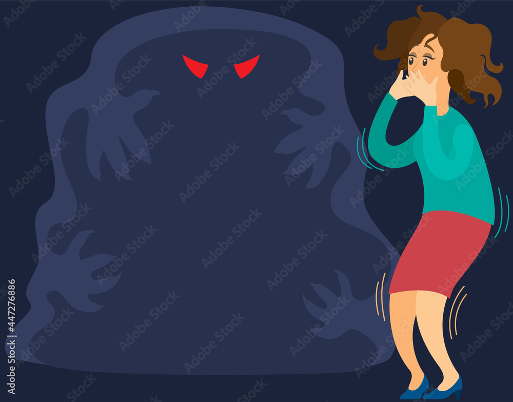 Fear of darkness concept. Woman scared of spooky monster from nightmare ...