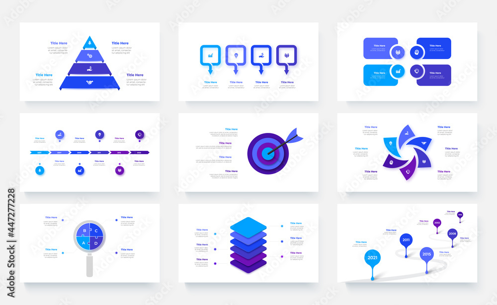 Nine infographic presentations slides. Set of vector illustrations for ...