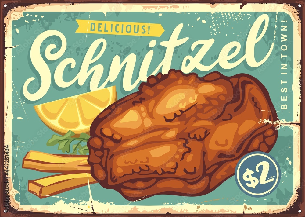 Fried schnitzel vintage food menu sign for bistro or restaurant. Dinner ...