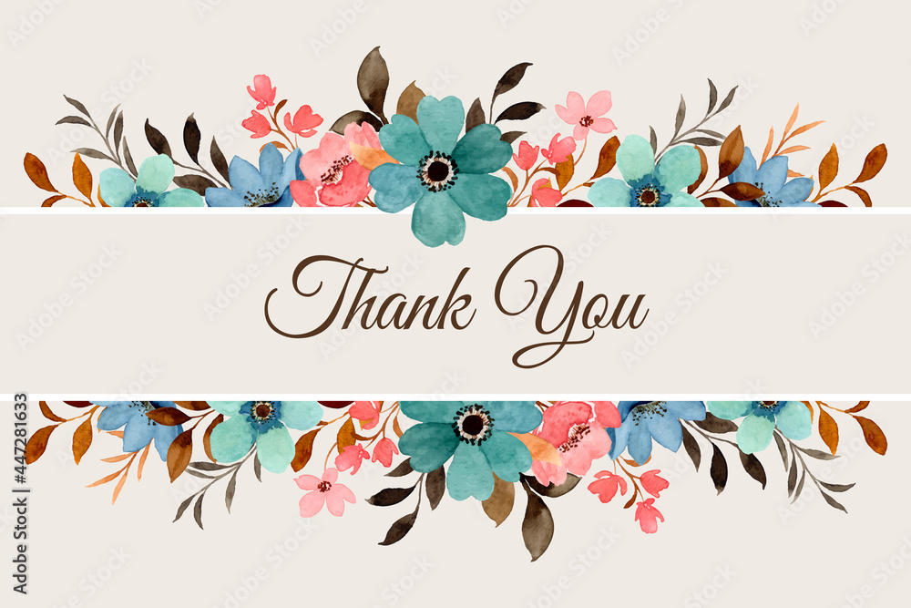 Thank you card with watercolor flower border Stock Vector | Adobe Stock