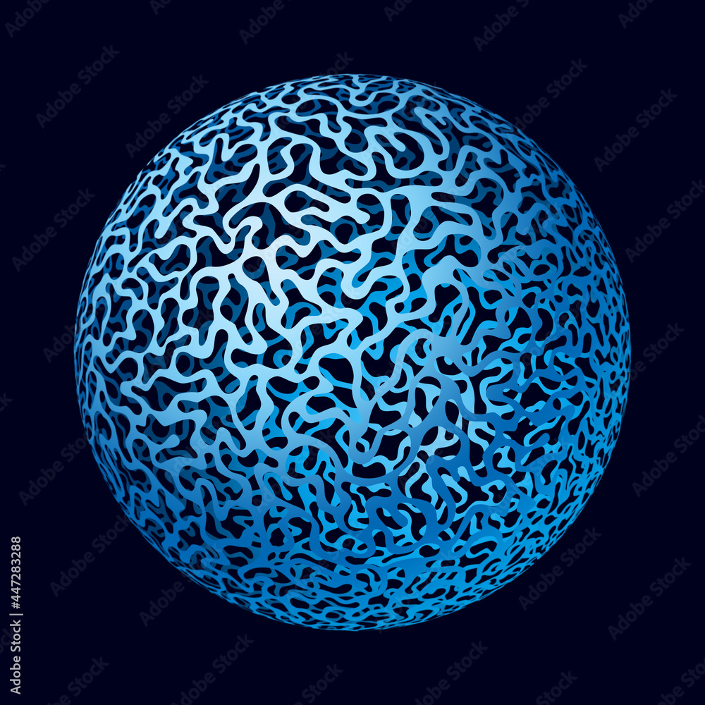 abstract blue ball art isolated on black background with cellular web ...