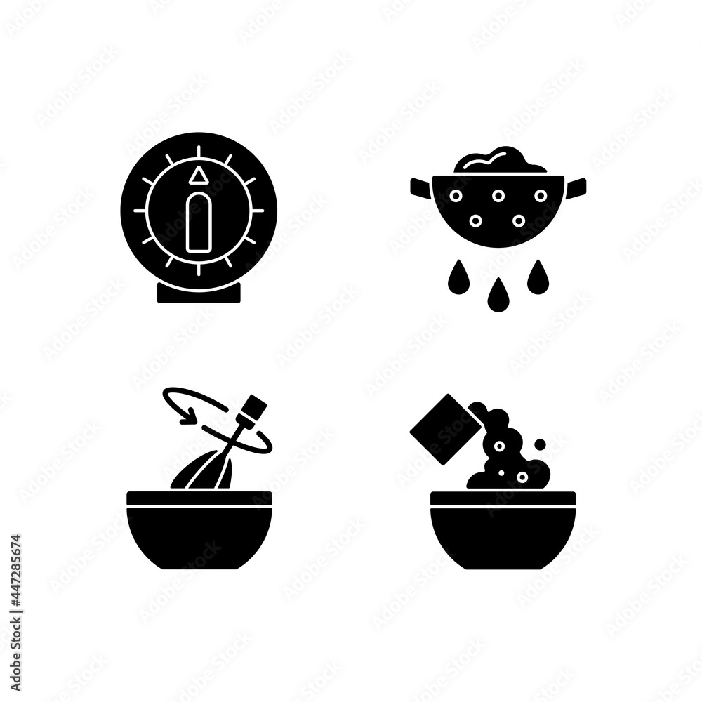 Food preparation black glyph icons set on white space. Kitchen timer ...
