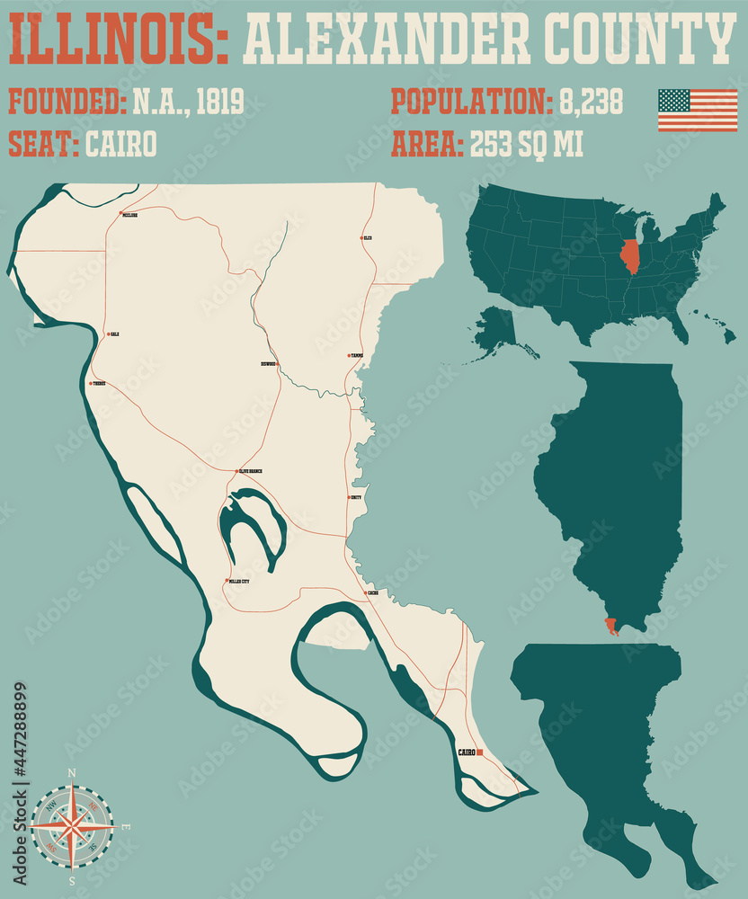 Large and detailed map of Alexander county in Illinois, USA. Stock ...