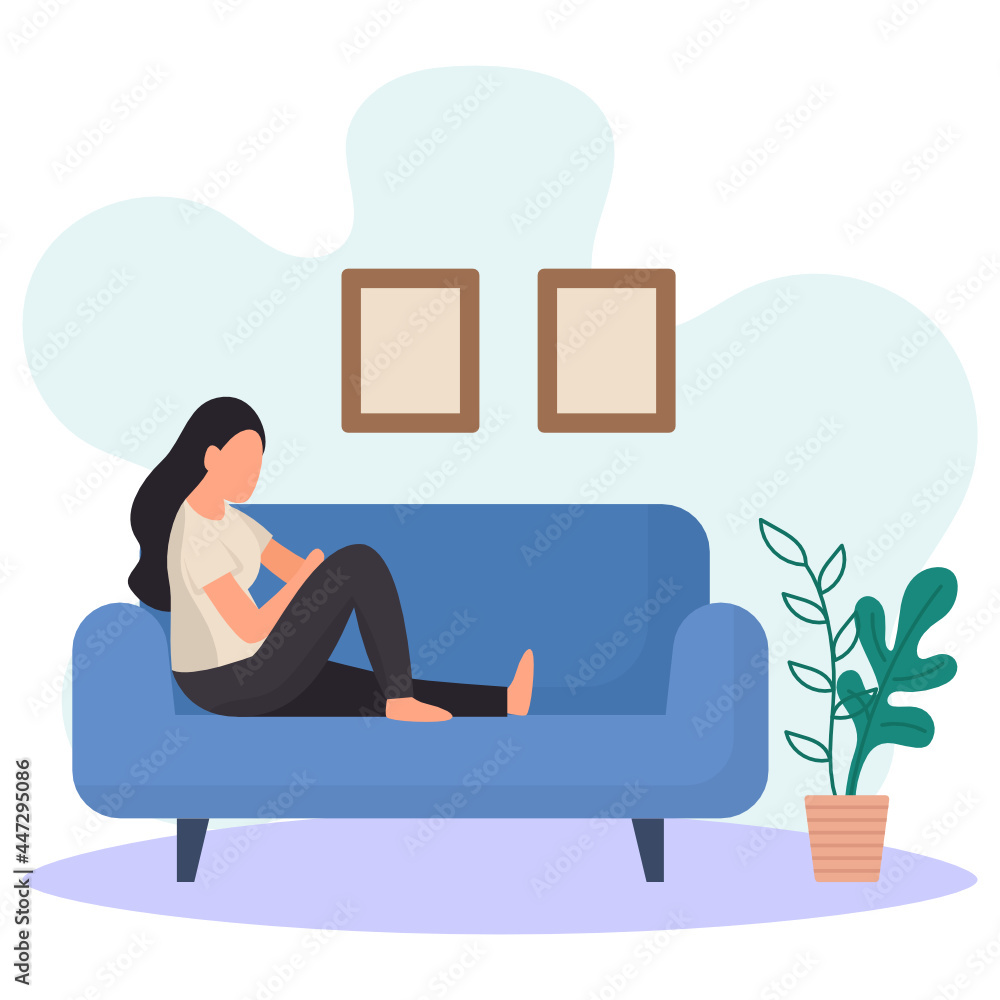 Sad depressed young woman sitting on couch Concept, upset girl sitting ...