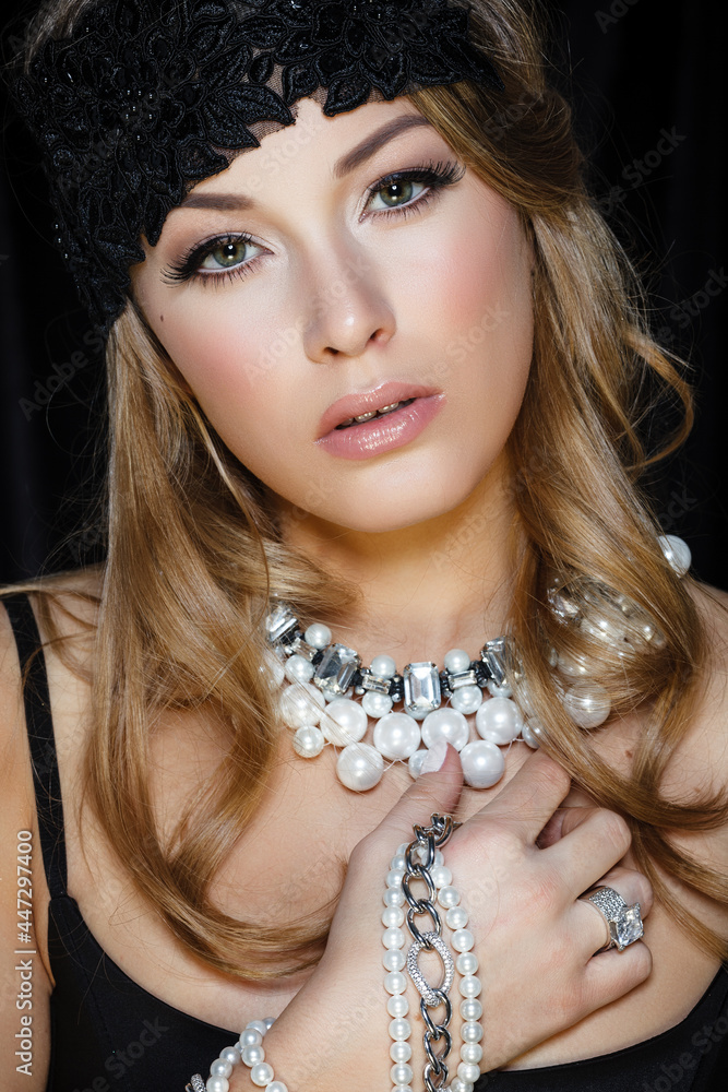 Perfect beauty and jewelry concept. Portrait of beautiful female model ...