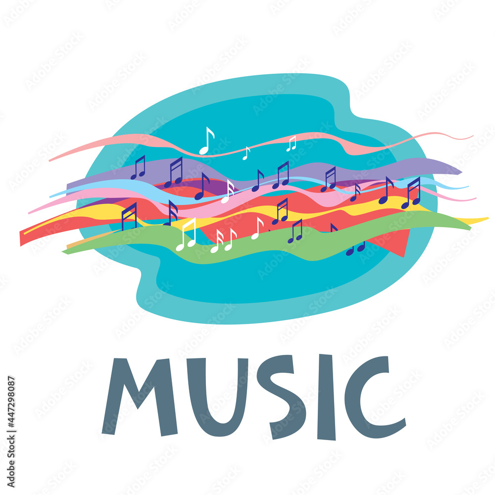 Music graphic icon. Colored ribbons and musical notes form flying ...