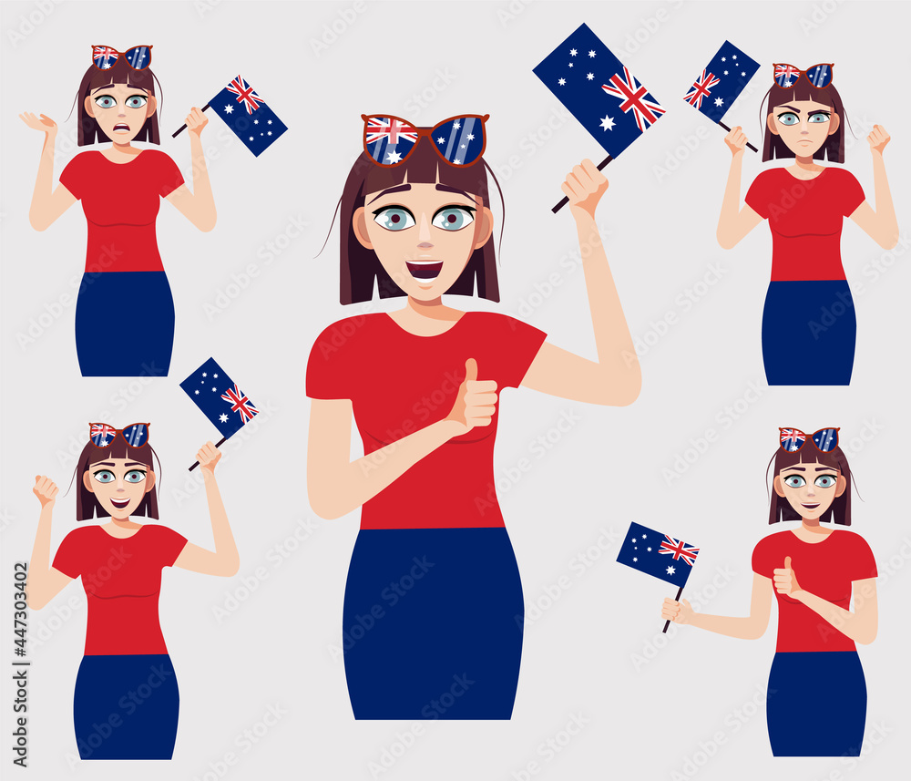 A Beautiful girl with the Australian flag. A set of fan emotions ...