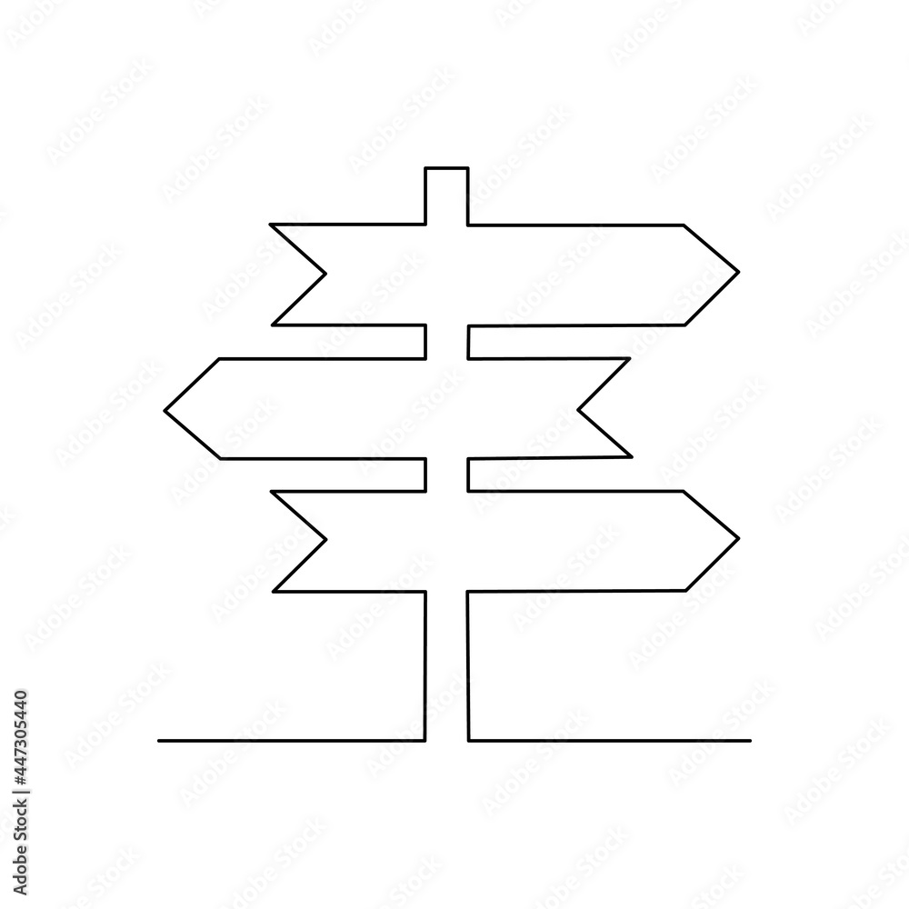 Road sign arrows one continuous line drawing. Signpost outline in three ...