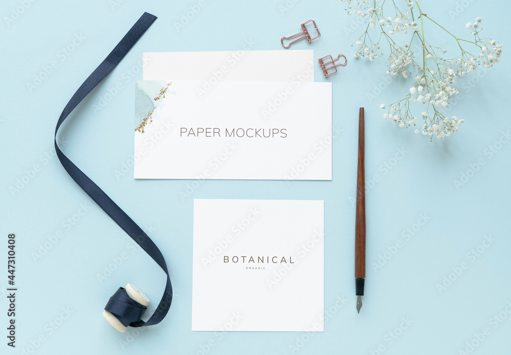 Floral Paper Notes Mockup on Blue Background Stock Template | Adobe Stock