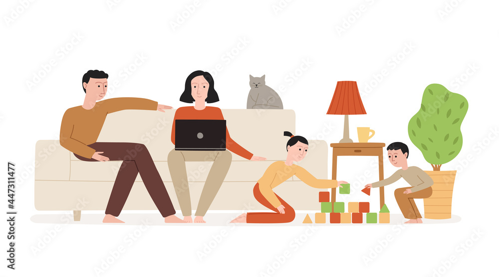 Cozy family gathering in living room vector illustration. Flat style ...