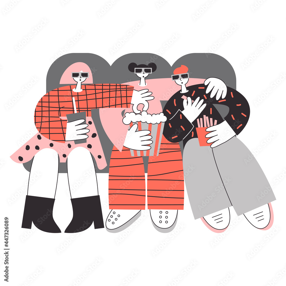 Modern polyamorous family in cinema watching movie. Three lovers on ...