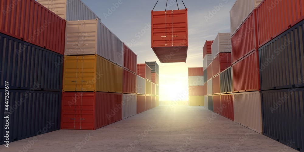 Stacked industrial intermodal cargo transport or shipping containers ...