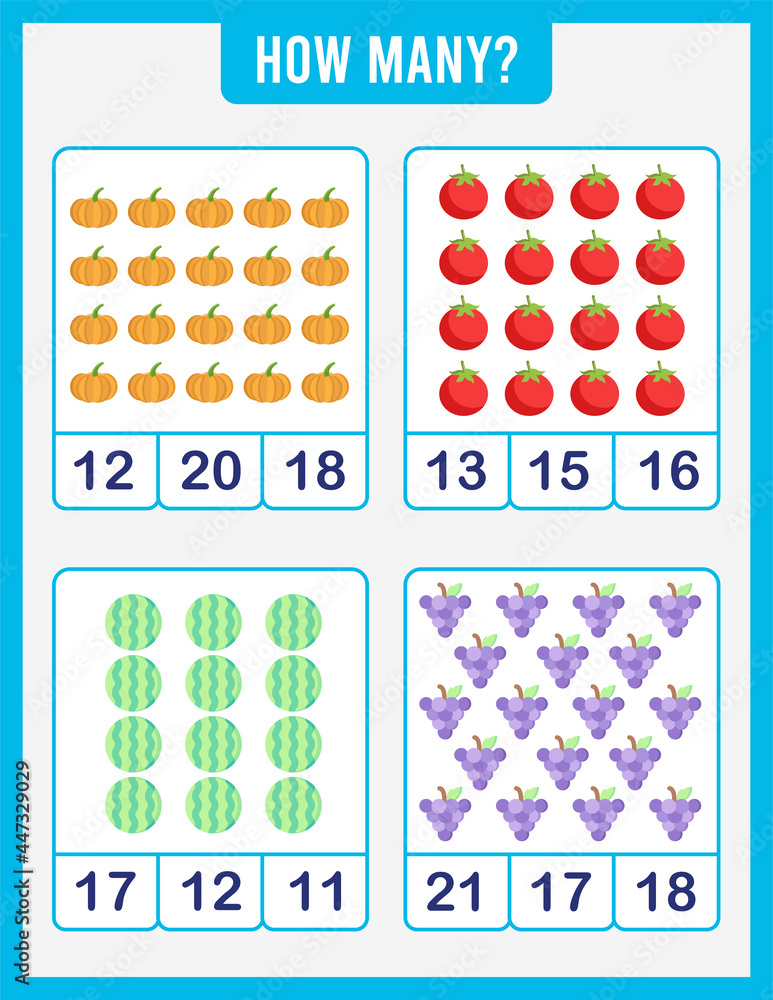 Educational worksheet for preschool children. Count fruits and ...