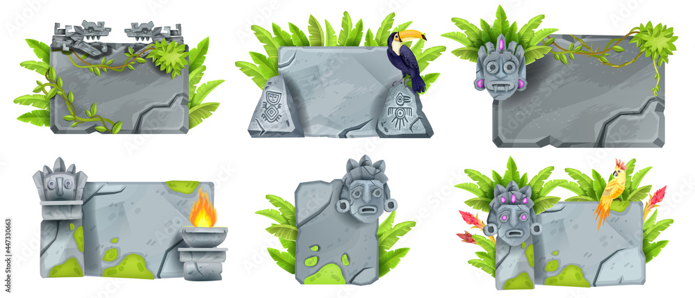 Tropical stone sign board set, vector maya game UI rock panel, Aztec ...
